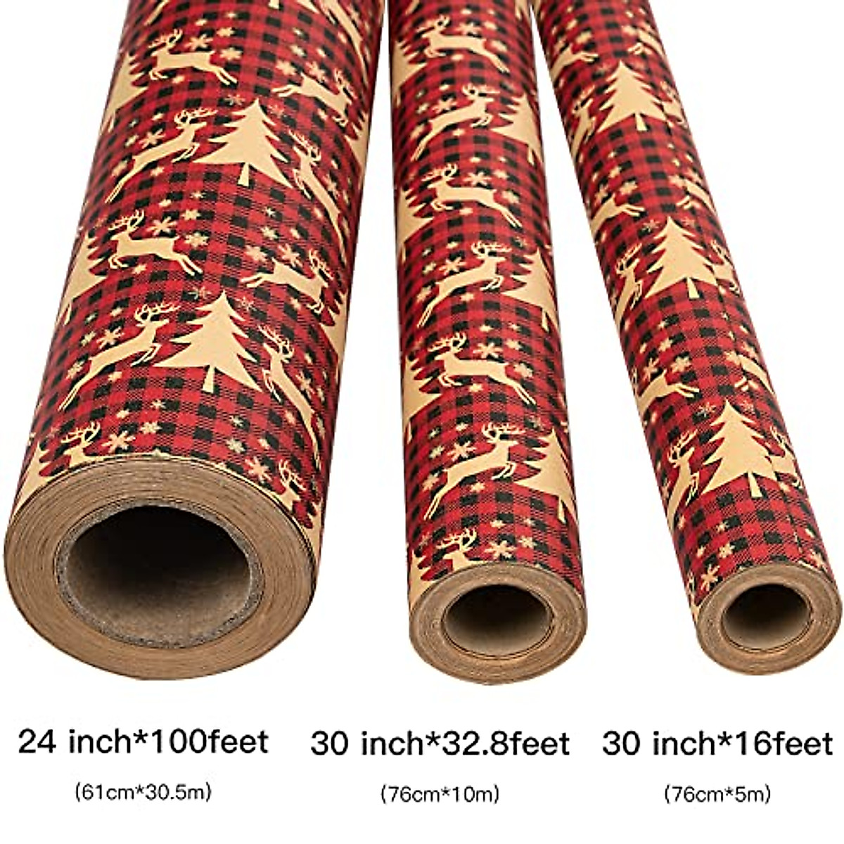 RUSPEPA Christmas Wrapping Paper,Kraft Paper - Red and Black Plaid Reindeer Design - 24 Inches x 100 Feet