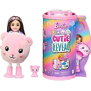 Barbie Chelsea Cutie Reveal Small Doll & Accessories, Brunette with Teddy Bear Costume, 6 Surprises (Styles May Vary)