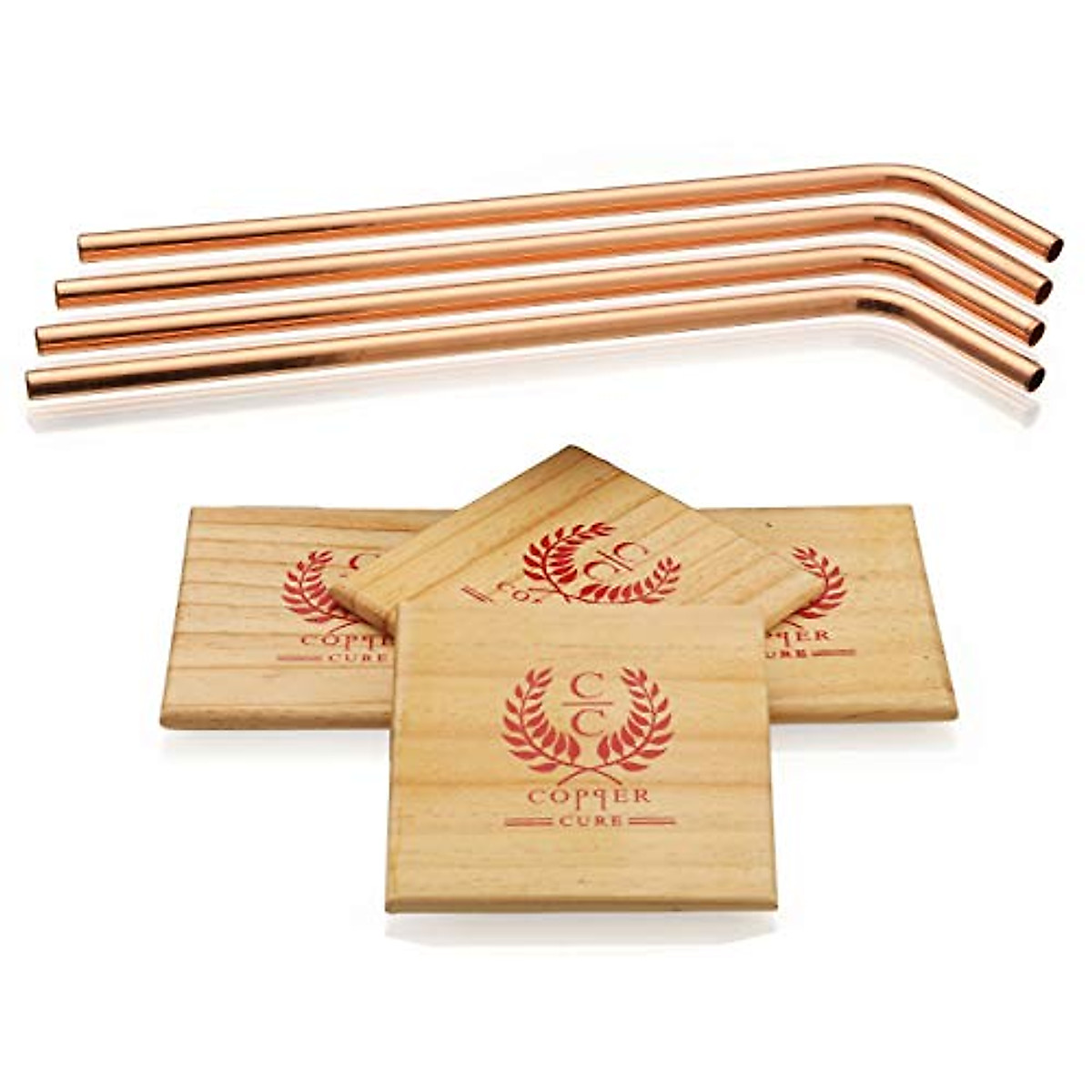 Gift Set Pure Copper Hammered Mugs with Copper Straws & Wooden Coasters Set of 4 - PREMIUM QUALITY -16 Oz Copper Mug - 100% Handcrafted - A Gift Pack for your loved Ones.