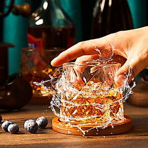 ACHEER Large Spinning Crystal Whiskey Glasses set of 2-10 Oz, Rotatable Old Fashioned Glasses, Tumbler Rocks Bar Glasses, with Bamboo Coasters, Gift BOX, Perfect present for any Occasion