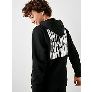 Happy Nation Relaxed Fleece Hoodie Sweatshirt, Pure Black, Medium