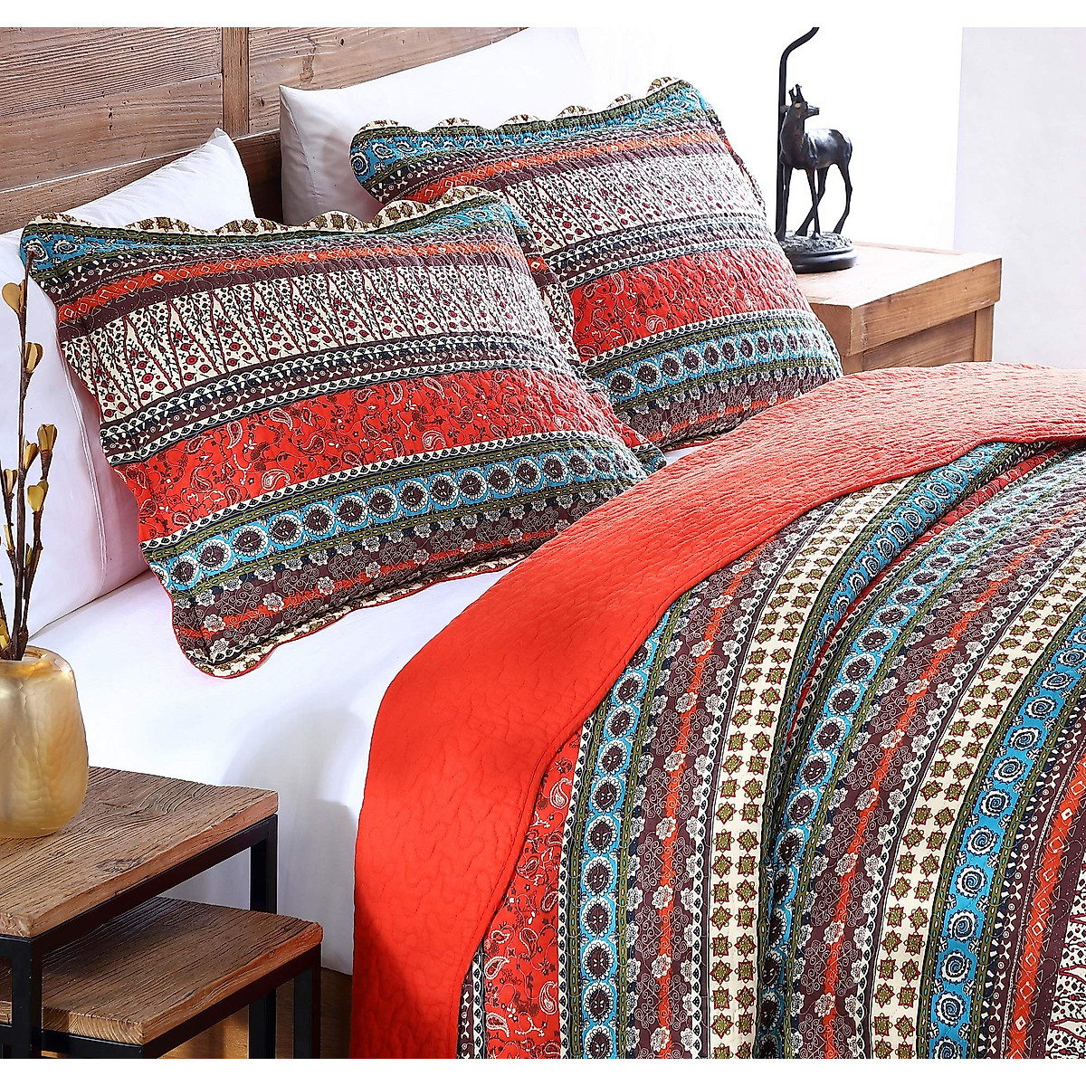 Chezmoi Collection Odette 2-Piece Boho Chic Rust Orange Brown and Red Pre-Washed 100% Cotton Bohemian Bedspread Quilt Set, Twin Size