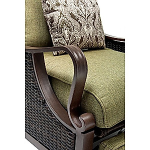 Hanover Ventura Steel Outdoor Patio Woven Luxury Recliner with Brown Wicker, Vintage Meadow Green Cushions and Pillow