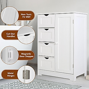 MUPATER Small Storage Cabinet Organizer with 4 Drawers and 1 Cupboard, Freestanding Compact Floor Towel Cabinet for Bathroom and Entryway, White