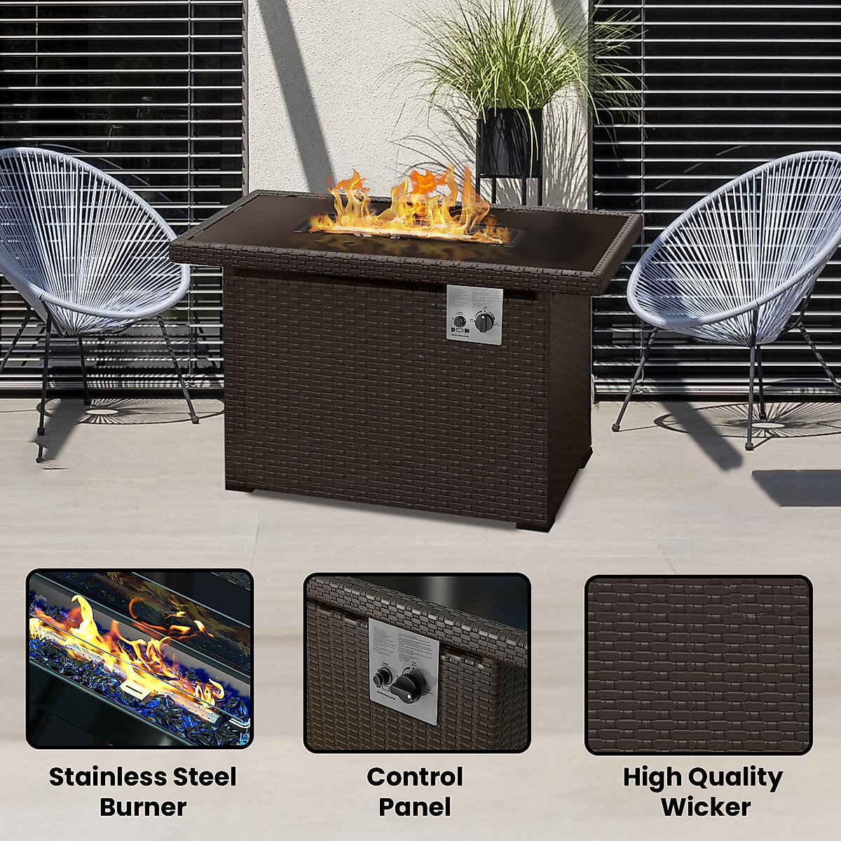 Gorilla Gadgets Premium 2-in-1 50,000 BTU Fire Pit. Discreet Under-Table Storage, Protective Glass Wind Guard, Lightweight Steel Frame, and Weatherproof Brown Wicker. Elevate Your Outdoor Experience!