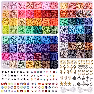 QUEFE 12600pcs, 84 Colors Clay Beads Kit for Bracelet Making, Heishi Beads Flat Round Polymer Clay Spacer Beads with Pendant Charms Kit and Letter Beads, Crafts for Earrings Bracelets Necklace