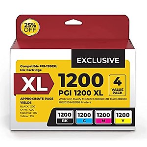 Canon PGi-1200XL Compatible Ink Cartridges Value Ink. Works with Maxify MB2720 MB2320 MB2120 MB2350 MB2050 MB2020 Printers. 4 Pack Black, Cyan, Magenta, Yellow
