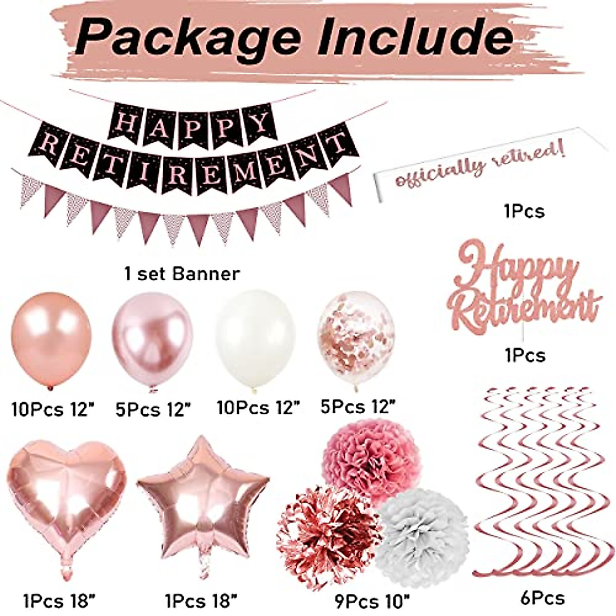 Retirement Party Decorations for Women & Men- 51 Pcs Rose and Gold Happy Retirement Banner, Paper Garland and Foil balloon Decorations,Sparkling Hanging Swirls Retirement Decorations Party Supplies
