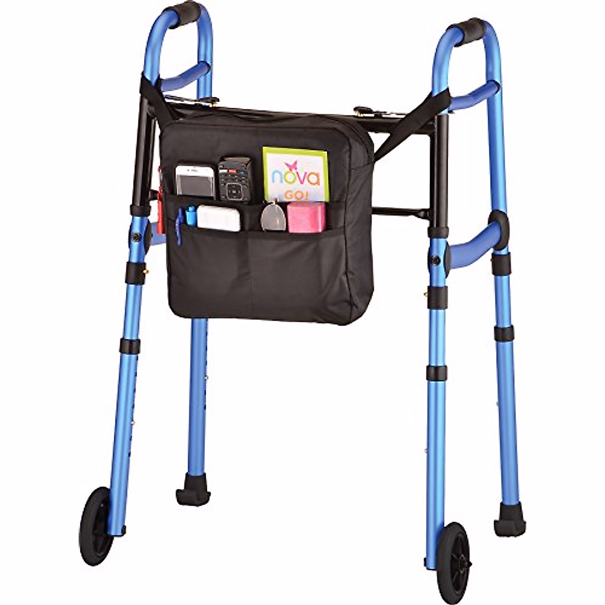 NOVA Medical Products Folding Walker with 5” Front Wheels, Glide Skis and Mobility Bag, Portable and Great for Travel, Blue