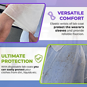 AMZ Medical Supply White Disposable Lab Coat, M. 35 GSM Polypropylene Fabric Medical PPE Coat. Knee-Length Disposable Lab Coats for Adults with Elastic Wrists, Loop Fasteners, No Pockets