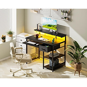 AODK Gaming Desk with LED Lights & Power Outlet, 40 Inch Small Computer Desk with Keyboard Tray, Office Desk with Drawer, Reversible Desk with Adjustable Monitor Shelf and Storage Shelf, Black