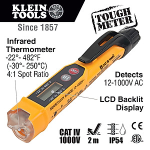 Klein Tools NCVT-4IR Non-Contact Volt Tester, 12 - 1000V AC Pen with IR Thermometer -22 to 482 deg F, LED and Audible Alarms, Pocket Clip