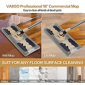 VAIIGO Professional Microfiber Mops for Hardwood Floor Cleaning, 18" Commercial Dust Flat Mops with 3 Reusable Mop Pads and Adjustable Handle, for Home, Office, Hotel Wet or Dry Floor Cleaning Mop