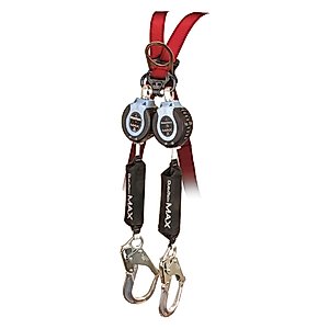 FallTech 82709TB5 DuraTech MAX Twin Leg Web SRD, Carabiner Connector with Clip & Aluminum Rebar Hooks 9', Compact, Blue