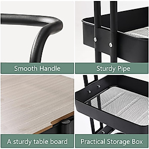 LING RONG 3-Tier Utility Rolling Metal Storage Cart,Heavy Duty Multifunction Cart with Lockable Wheels,Cover,4 Hooks 2 Storage Boxes for Kitchen Living Room Office Bathroom (U-Shaped Armrest, Black)