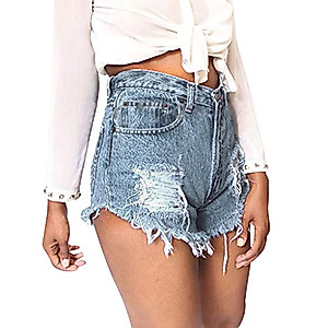 Fashion Slim Shorts,THENLIAN Womens Pocket Hole Jeans Denim Pants Female High Waist Slim Sexy Shorts(XXL, Blue)