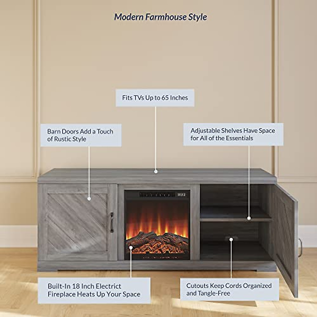 BELLEZE Modern 58 Inch Farmhouse TV Stand with 18 Inch Electric Fireplace & Media Entertainment Center Console Table for TV up to 65 Inch with Storage Cabinets and Infrared Heater - Hilo (Gray Wash)