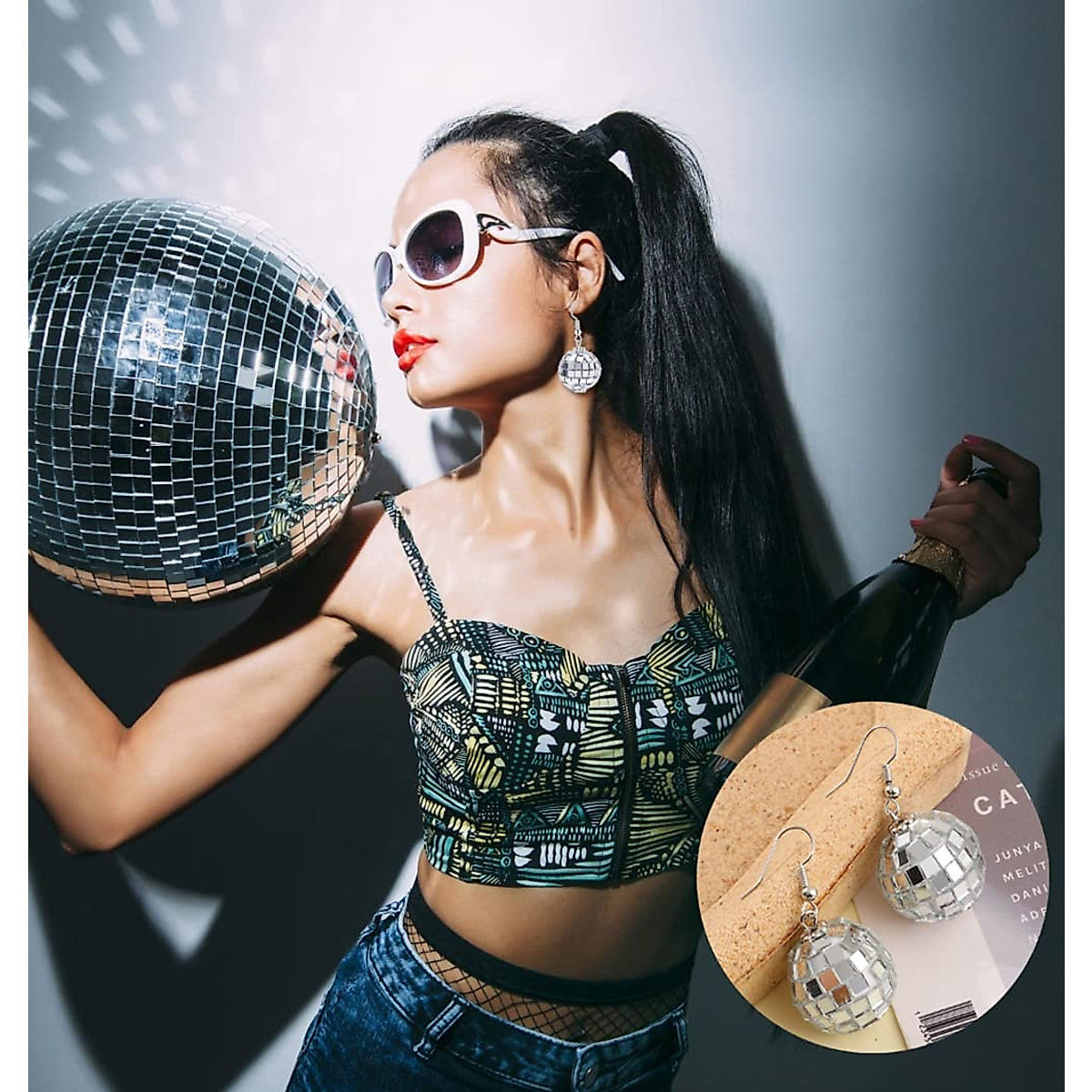 FIRAZIO 9 Pairs 70s Disco Ball Earrings Mirror Ball Earrings for Women 60s 70s Costume Accessories Halloween Earrings Disco Outfit Accessories