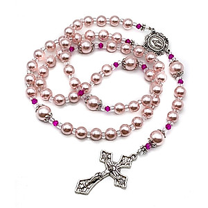 Nazareth Store Pink Pearl Beads Womens Rosary Handcrafted Beaded Necklace with Miraculous Medal and Jesus Cross