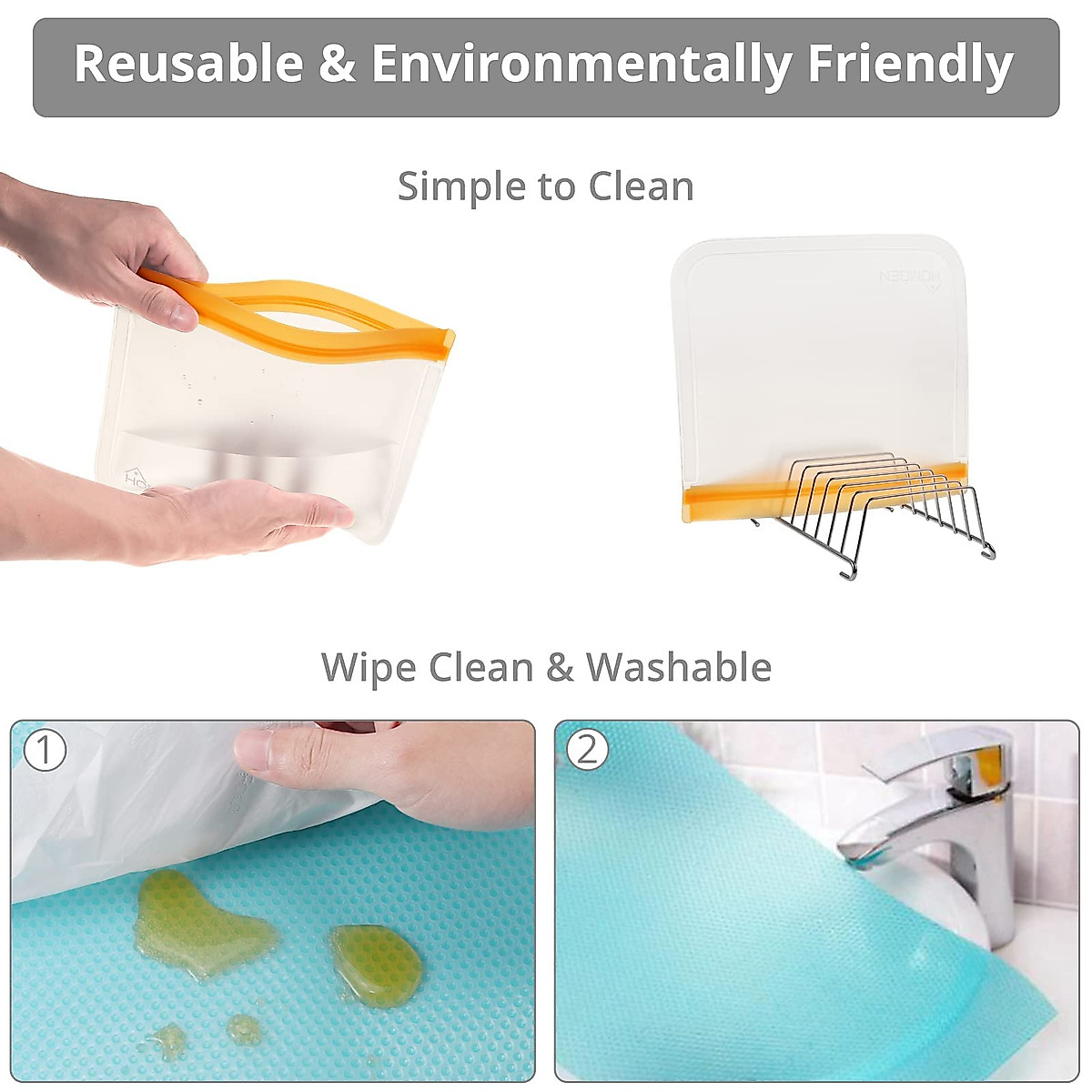 HOMGEN Exclusive Innovation 8pcs Refrigerator Liners&10Pcs Reusable Snack Bags for Kids Set (4 Reusable Sandwich Bags, 4 Reusable Snack Bags, 2 Freezer Gallon Bags) Perfect for Fridge Used