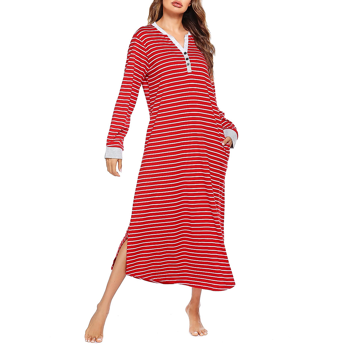 Ekouaer Women Striped Nightgown Long Loungewear Nightshirt Sleepwear with Pockets Red Stripe, X-Large