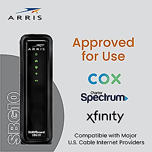 ARRIS SURFboard SBG10 DOCSIS 3.0 16 x 4 Gigabit Cable Modem & AC1600 Wi-Fi Router | Comcast Xfinity, Cox, Spectrum | Two 1 Gbps Ports | 400 Mbps Max Internet Speeds | SURFboard App | 2 Year Warranty