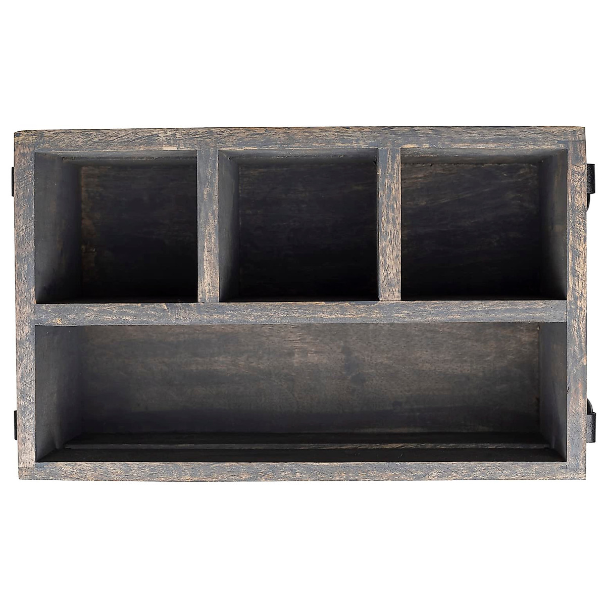 GoCraft Flatware Caddy with 4 Compartments, Cutlery Holder, Silverware Condiment Organizer with Napkin Holder for Kitchen, Dining, Picnics, Grey Washed Mango Wood Caddy with Metal Handles