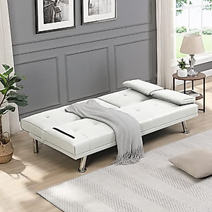 anwickjeff Convertible Folding Futon Sofa Bed with Metal Legs & 2 Cupholders, Modern Faux Leather Upholstered Couch Loveseat Sleeper, Folding Couches Bed, Removable Armrests for Small Spaces (White)