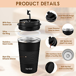 KETIEE Travel Mug 12oz, Vacuum Insulated Coffee Mug with Leakproof Lid, Travel Coffee Tumbler Stainless Steel Double Walled Reusable Coffee Cup for Hot and Iced Coffee Tea Water (Black)