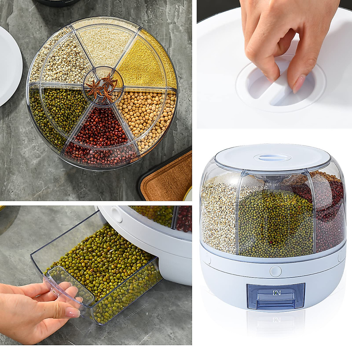 UOIENRT 6 Grid Grain Dispenser, 18L 360° Rotation Food Dispenser Rice Dispenser Storage Container for Beans, Rice, Black Rice, Yellow Rice