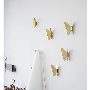 Primst 3 PCS Brass Butterfly Hooks with Screws, Decorative Wall Mounted Hooks Hat Rack Robe Hook for Bathroom Kitchen Entryway (Gold)