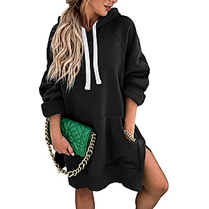 PRETTYGARDEN Women's Casual Pullover Sweatshirt Long Sleeve Split Hem Hoodie Dress with Kangaroo Pocket (Black,X-Large)