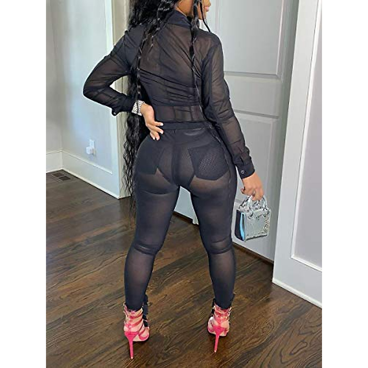 Uni Clau Women Sexy See Through Two Piece Outfits Set Long Sleeve Blouse Sheer Mesh Skinny Pants Club Jumpsuit Black XL