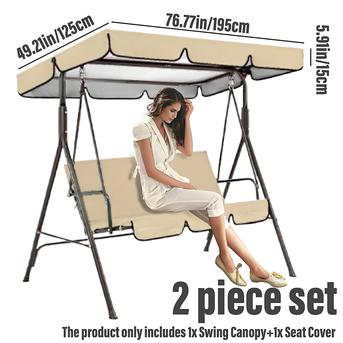 Patio Swing Parts, Swing Canopy Replacement with Seat Cover 2Pcs/Set Waterproof Outdoor Swing Canopy UV Protection Oxford Cloth Porch Swing Canopy Replacement, Beige
