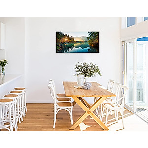 Autumn Lake Large Stretched Canvas Wall Art For Living Room Bedroom Home Decoration, Mordern Morning Sunrise View Print Picture Painting Decor Giclee Artwork, Gallery Wrapped Gift, Inner Frame 20x40