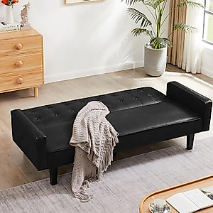 Homies Life Faux Leather Futon Couch, Mid Century Modern Futon Sofa with Memory Foam, Convertible Futon Sofa Bed for Small Spaces, Living Room, Office, Black
