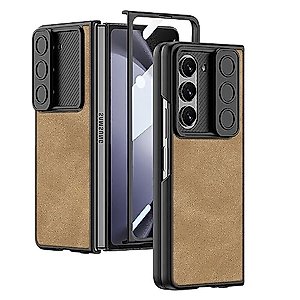 Case for Samsung Galaxy Z Fold 5,Retro Shockproof Slim PU Leather Lightweight Protective Case Slide Lens Cover with Screen Protector for Samsung Galaxy Z Fold 5 2023(Brown)
