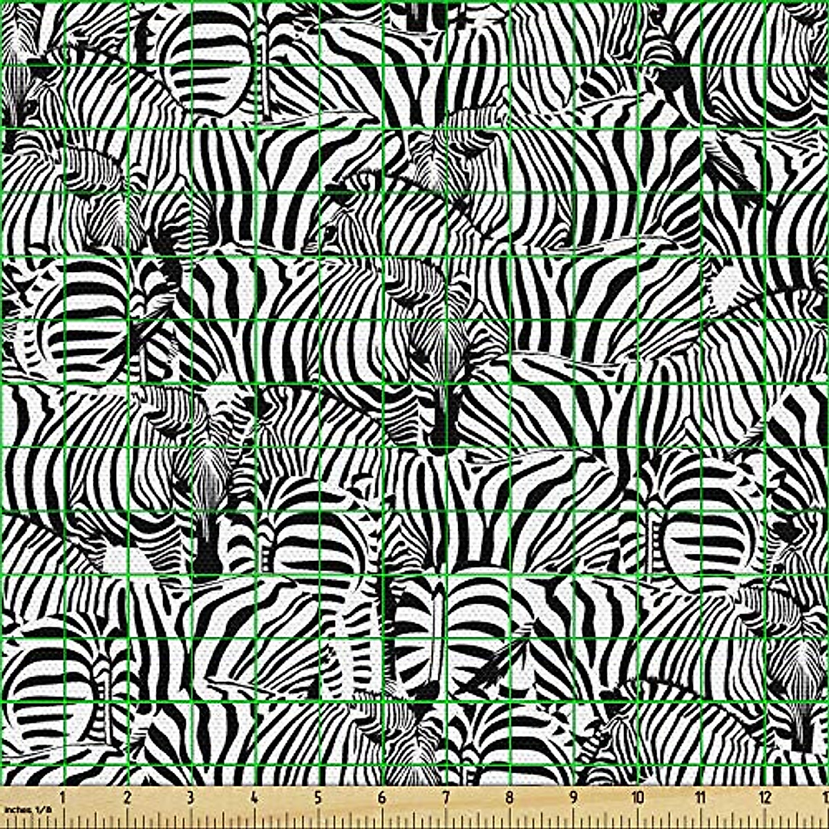 Lunarable Zebra Fabric by The Yard, Savannah Fauna Herd with Black Stripes Design Monochrome Illustration, Decorative Fabric for Upholstery and Home Accents, 1 Yard, Black and White