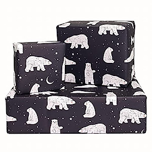 CENTRAL 23 Black Wrapping Paper Christmas - Kids Christmas Wrapping Paper - (6x) Holiday Gift Wrap Sheets - Polar Bears - For Boys and Girls - Comes With Fun Stickers - Recyclable