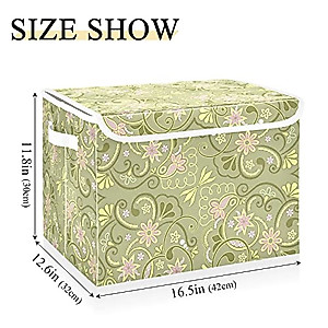 stargrass Foldable Storage Bin Fabric Decorative Storage Box with Lid and Handles,Green Flower Totem Collapsible Storage Basket 11.8x12.6x16.5 Inch