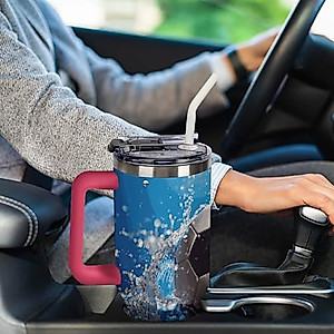 LLUTSNTH 40 Oz Vacuum Tumbler with Light Rose Red Handle Leakproof Insulated Tumbler Soccer Ball Water Stainless Steel Travel Mug with Lid And Straw Coffee Cup Cute Water Bottles Cup Holder Friendly