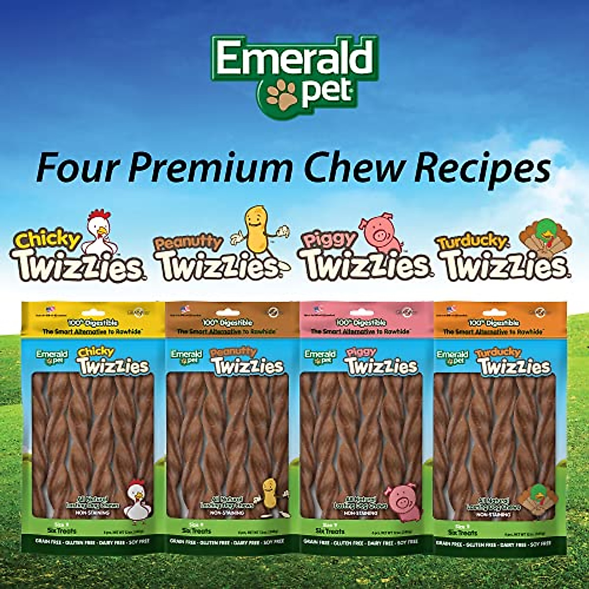 Emerald Pet Twizzies Rawhide Free 100% Digestible Natural Dog Lasting Chew Treats, Made in USA, Size 9 Chicky Chicken Multipack