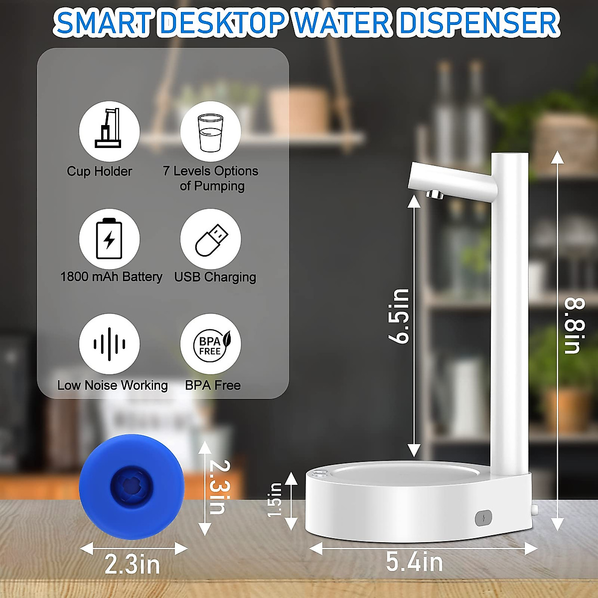BABORUI Desktop Water Dispenser, 7 Quantitative Levels Electric Bedside Water Dispenser for 5 Gallon Bottle & Universal Bottle, Automatic Off Water Jug Dispenser with Jug Cap for Home, Office, Outdoor
