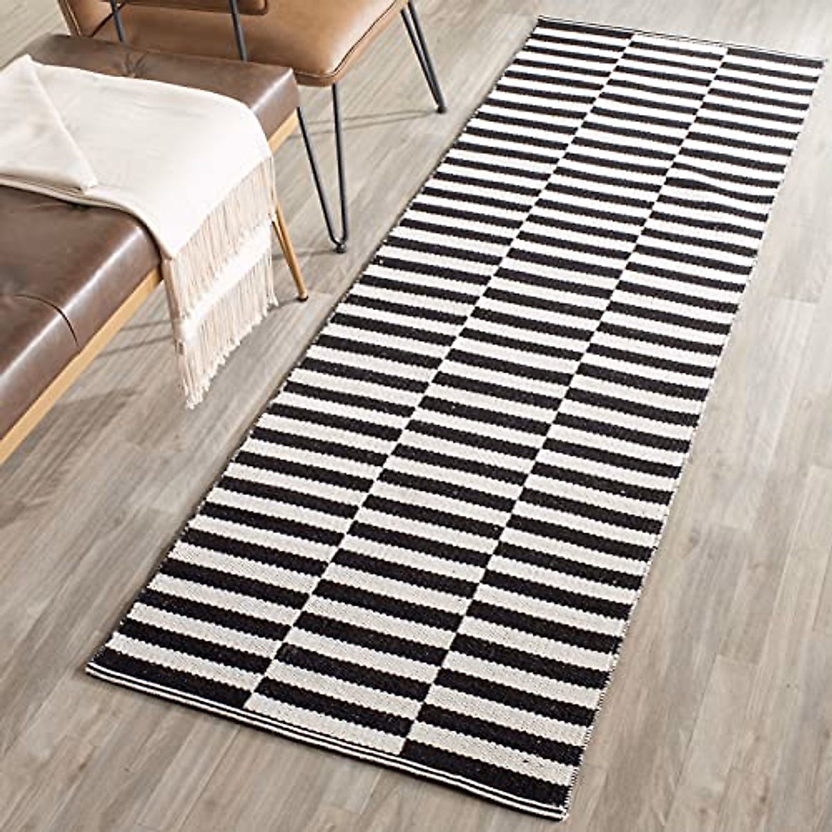 SAFAVIEH Montauk Collection Runner Rug - 2'3" x 7', Ivory & Black, Handmade Stripe Cotton, Ideal for High Traffic Areas in Living Room, Bedroom (MTK715D)