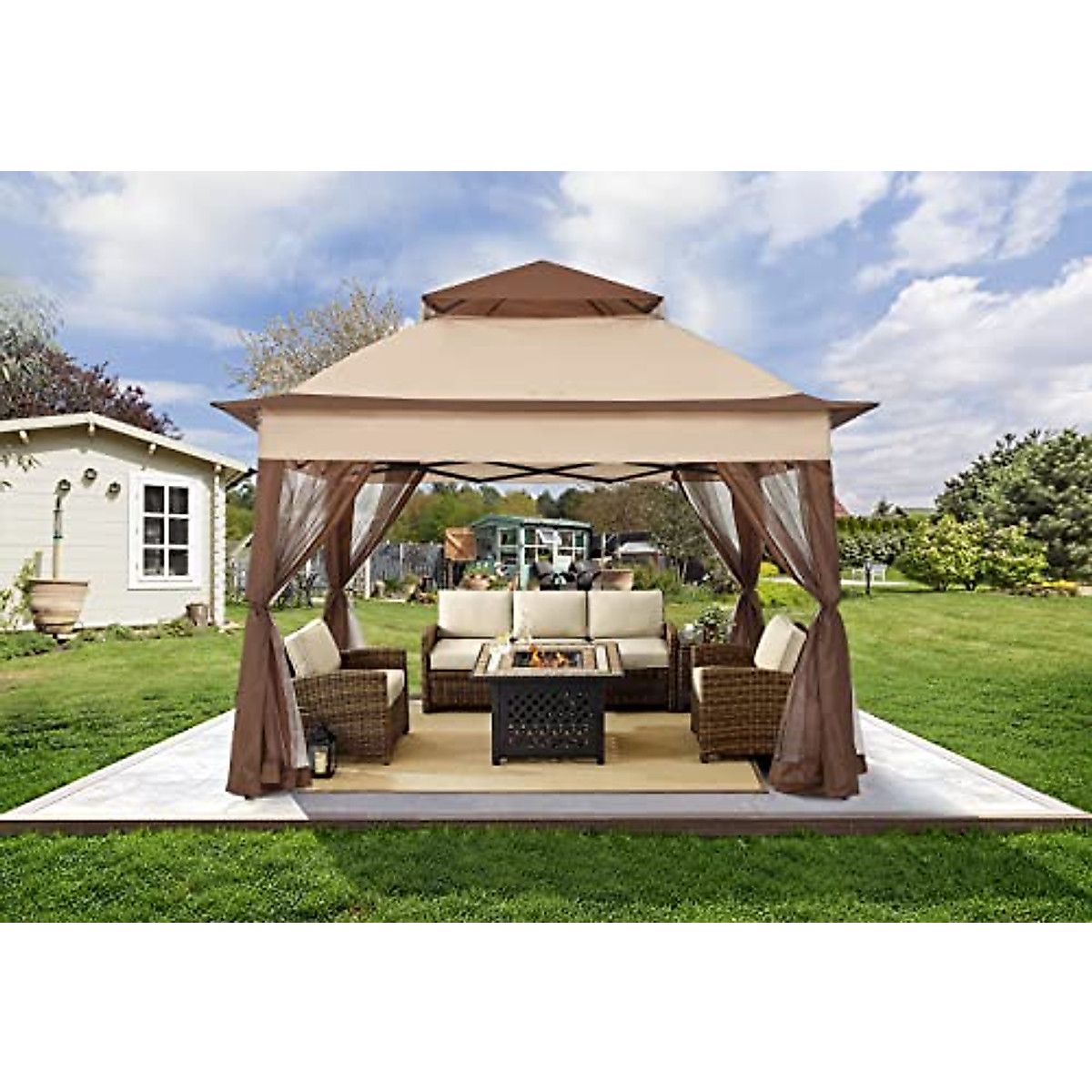 COOSHADE 11x11Ft Easy Pop Up Gazebo Tent Instant Outdoor Canopy Shelter with Mosquito Netting Walls(Beige)