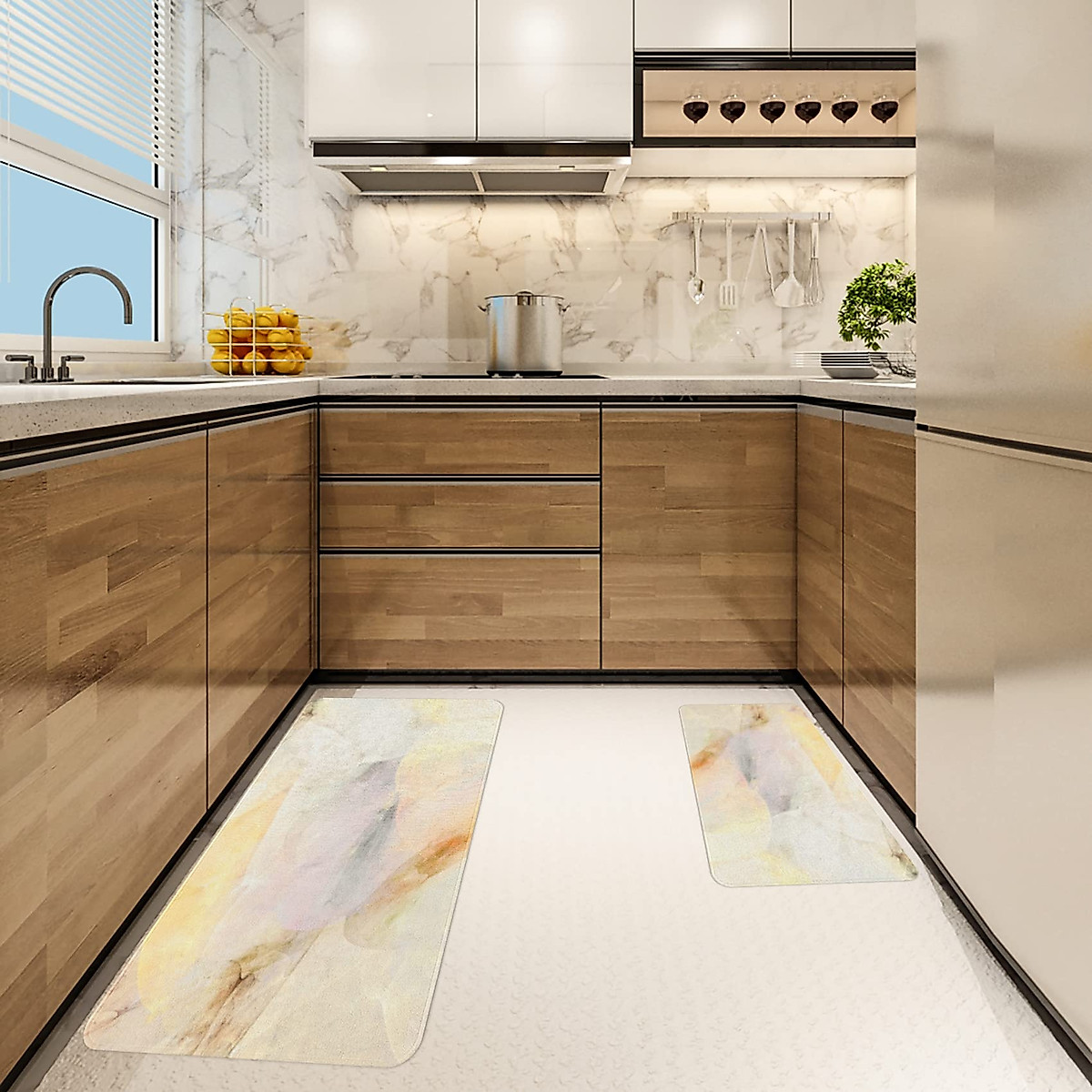 RYANZA 2 Pieces Kitchen Rugs, Abstract Anti Fatigue Non Slip Foam Cushioned Art Bright Yellow Modern Pale Comfort Indoor Floor Mat Runner Rug Set for Laundry Office Sink Bathroom (17"X48"+17"X24")