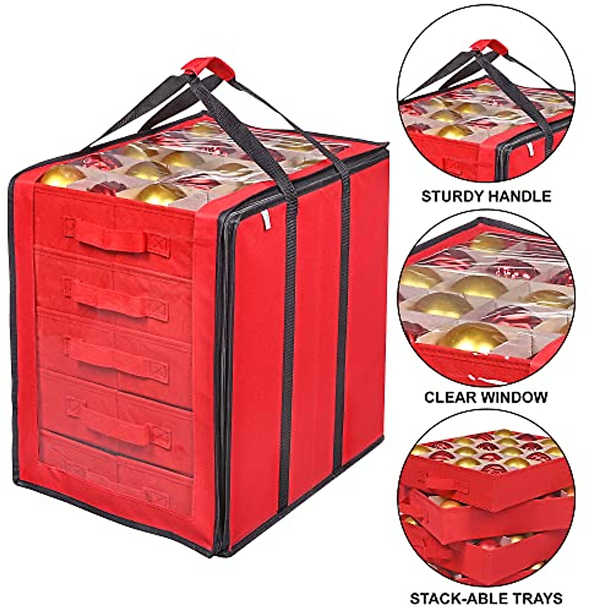 ProPik Christmas Ornament Storage Boxes with Dividers - 5 Separate Trays - Ornament Holder - Keeps 100 Holiday Ornaments - Durable Carrying Bag Handles Organizer Storage Box (Red)