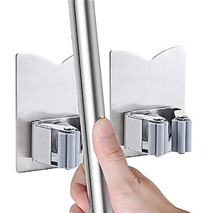 2 Pack Mop Broom Holder Racks 304 Stainless Steel Self Adhesive Heavy Duty Wall Mounted Mop Organizer Storage Clip Multi-Used for Garage Kitchen and Bathroom