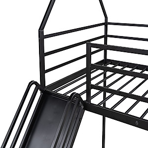 Harper & Bright Designs Twin over Twin House Bunk Bed with Slide and Ladder, Metal Low Bunk Bed Frame for Kids Girls Boys - Black