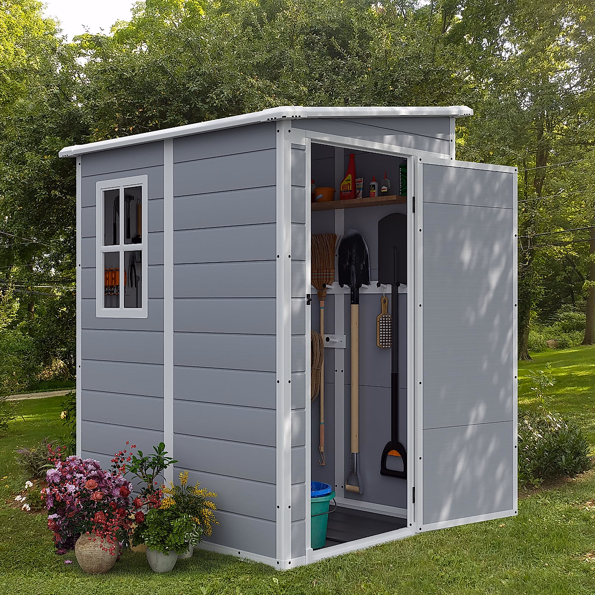 JUMMICO Outdoor Storage Shed, 5 x 4 FT Resin Shed with Floor and Lockable Door, Plastic Garden Tool Outside Sheds for Patio Backyard Lawn